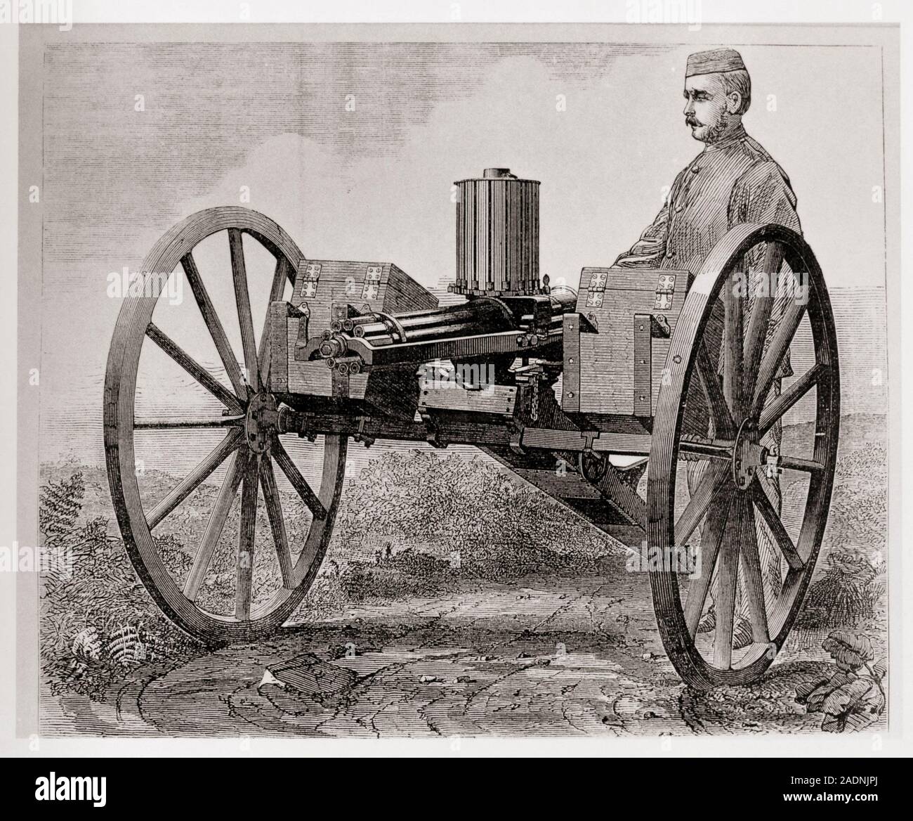 Gatling gun. Engraving of a Gatling gun, the first machine gun, devised ...