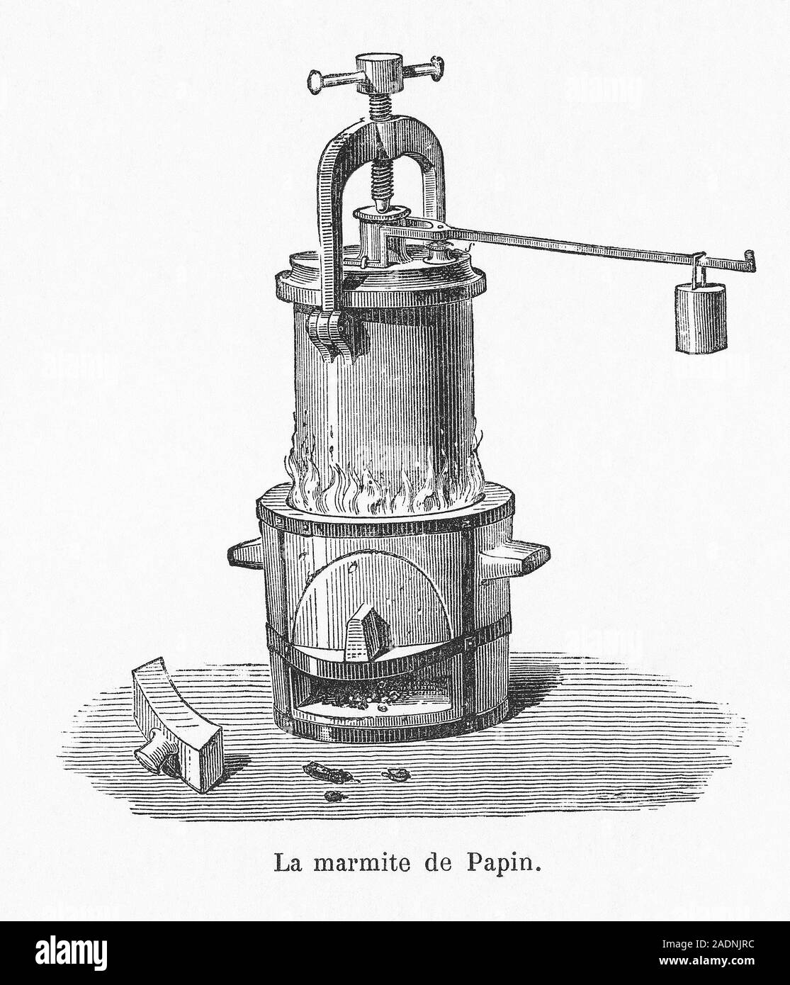 Pressure cooker. Historical artwork of the pressure cooker, La Marmite ...