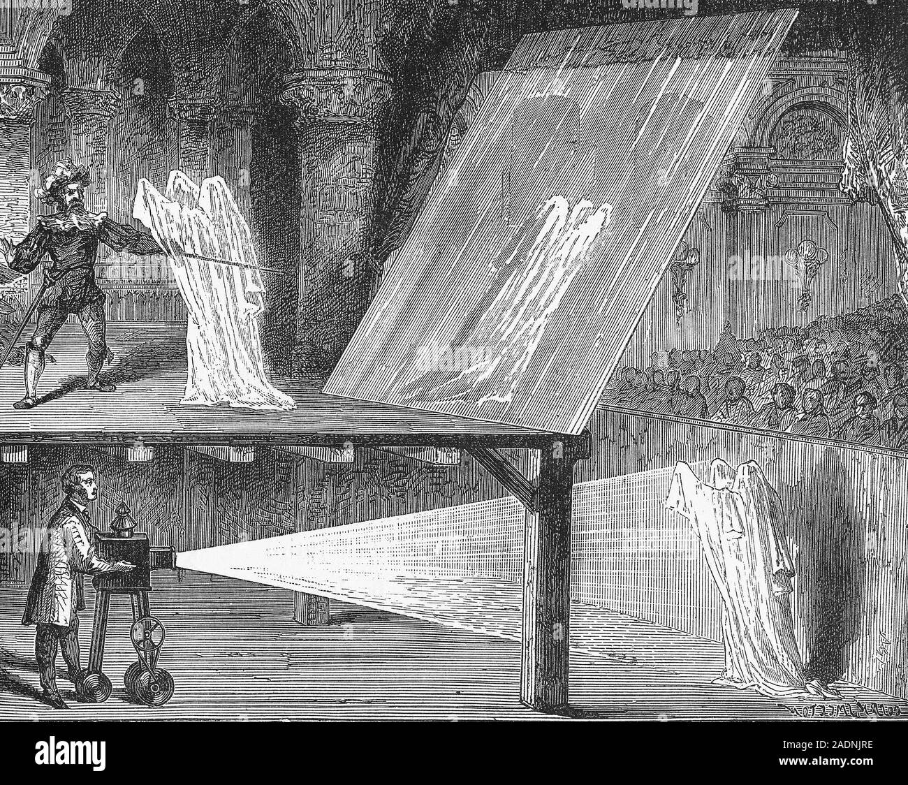 Pepper's Ghost. Historical artwork of a stage performance utilising ...