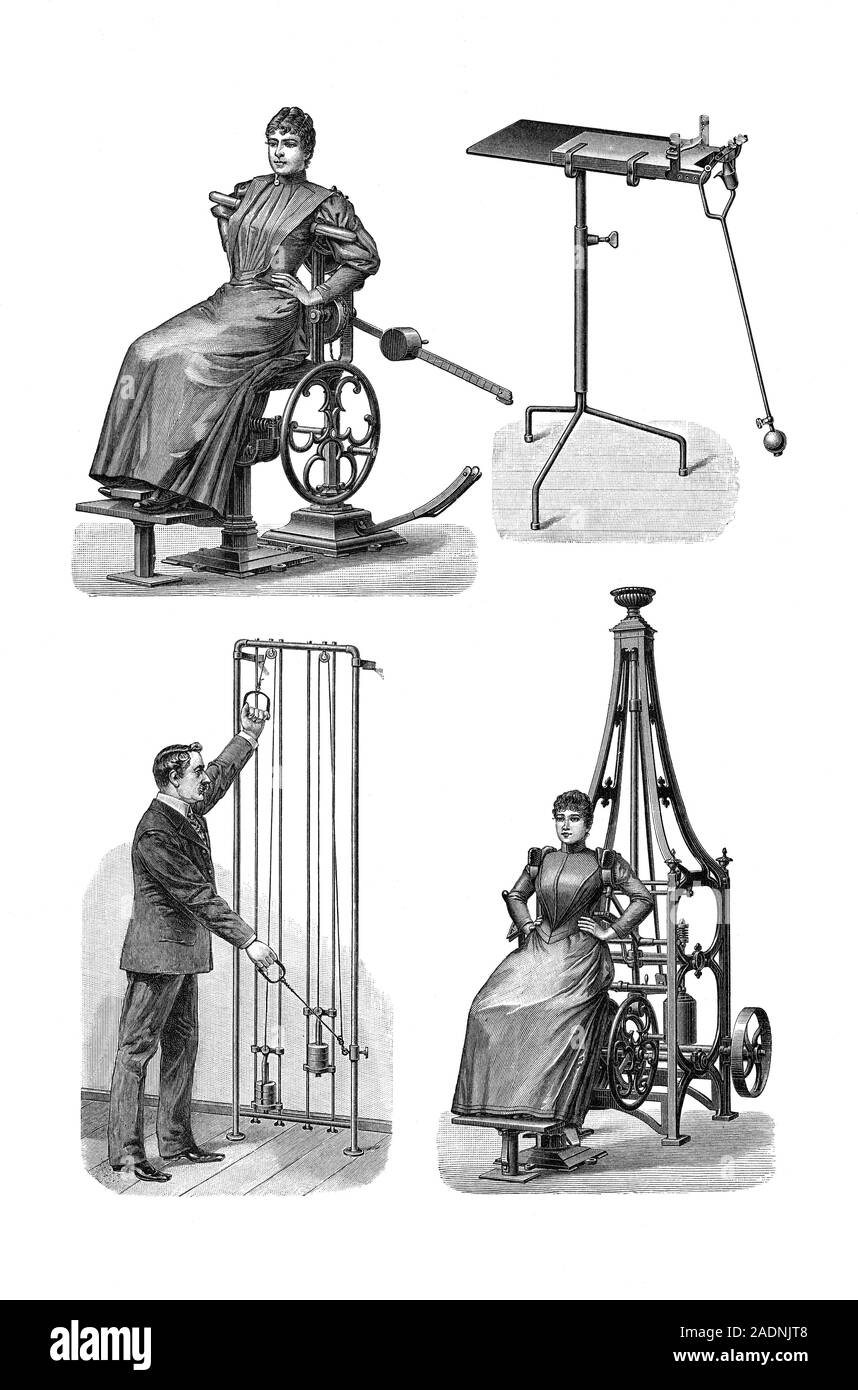 Victorian gymnasium equipment. Illustration of excercise machines ...