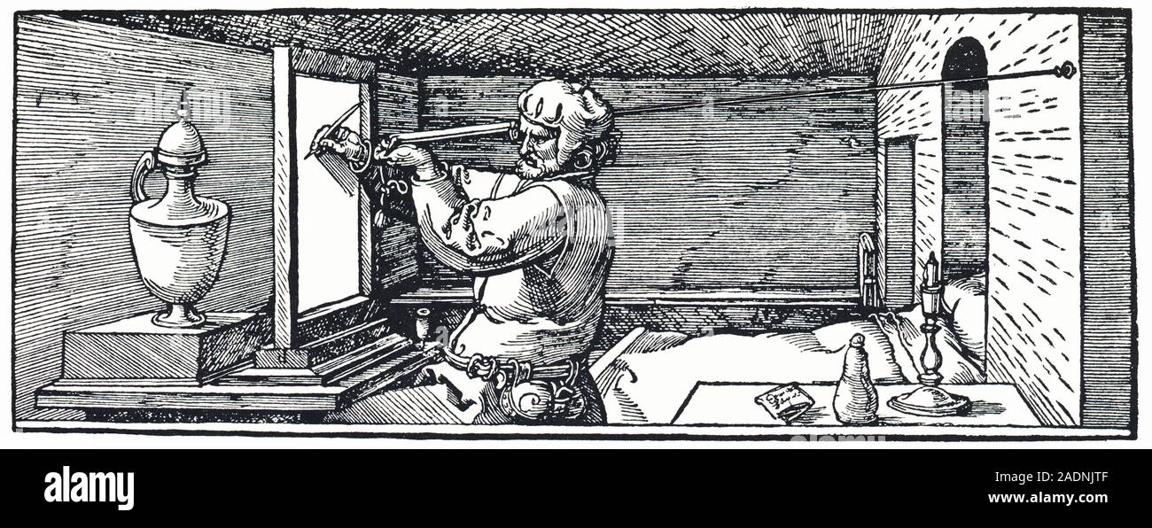 Measuring perspective for art. This woodcut was made by the German ...