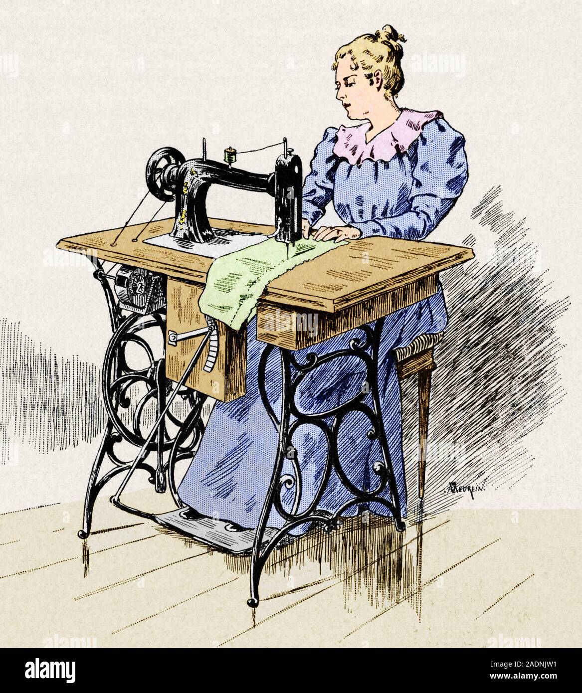 Electrical sewing machine. Historical artwork of a woman using a 19th ...
