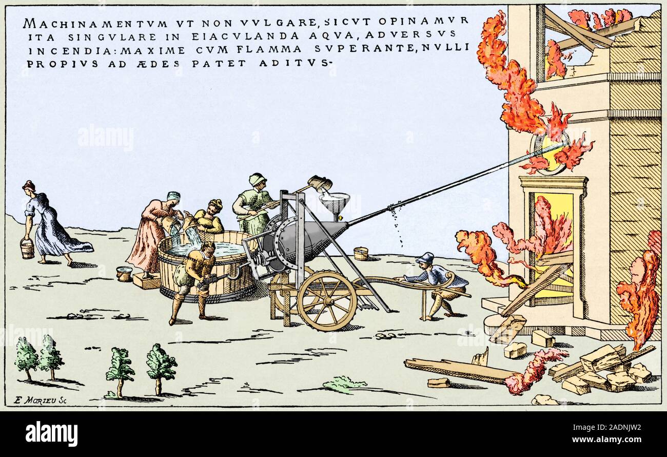 Early firefighting equipment, 1569. Historical artwork showing a ...