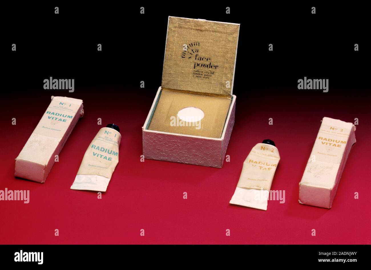 Radium cosmetics. This face powder (centre) and these topical creams ...