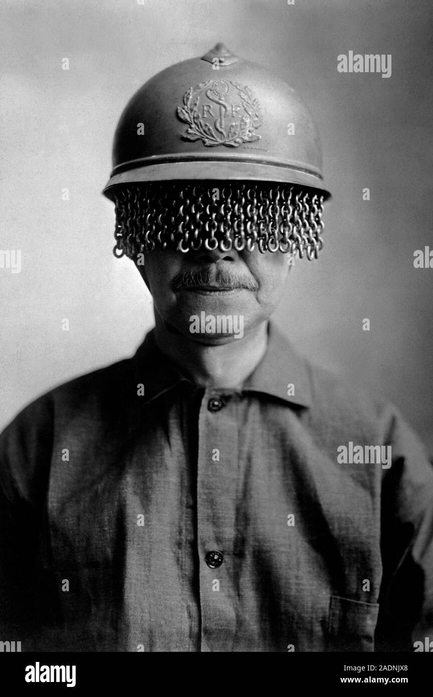 First World War helmet eye screen. First World War soldier wearing a ...