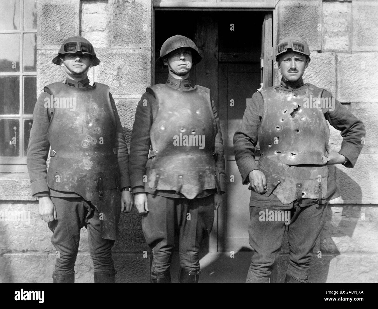 First World War body armour tests. US soldiers displaying the effects ...