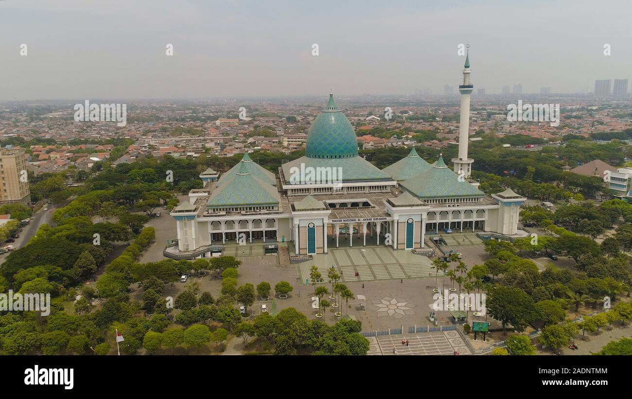 aerial view cityscape city Surabaya with mosque Al Akbar, highway ...