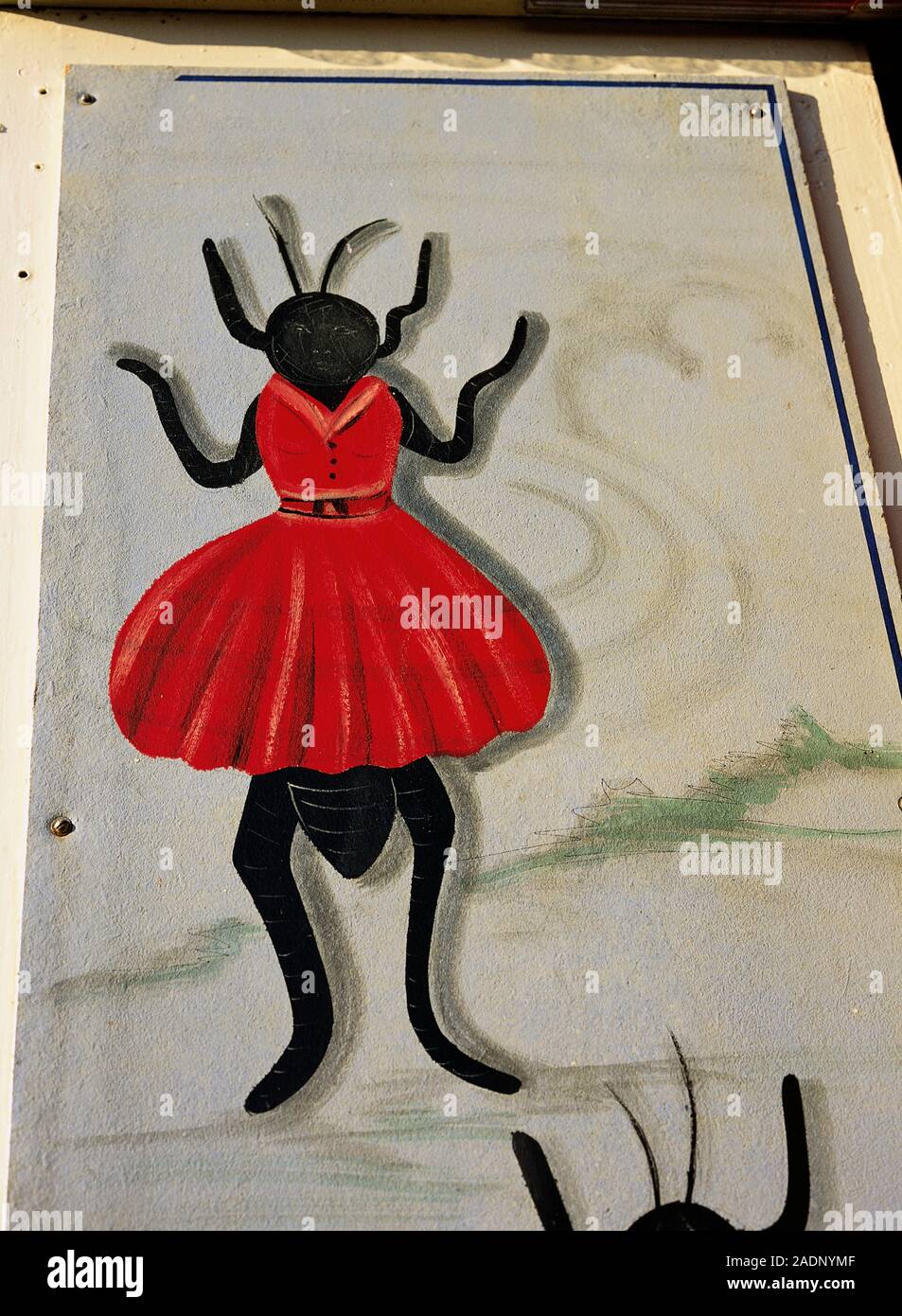 Flea circus. Artwork of a human flea (Pulex irritans) wearing a dress ...