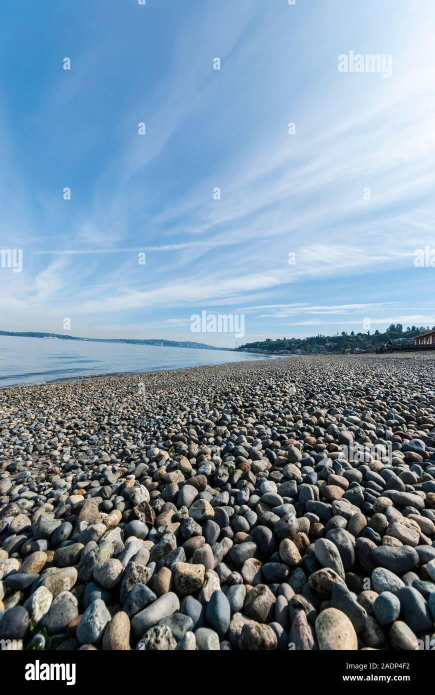 Alki Beach area in West Seattle, Washington, from a low perspective ...