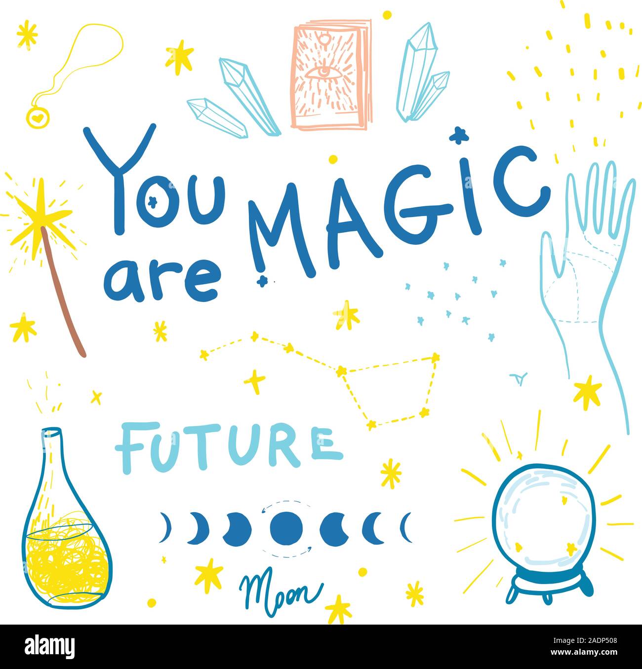 Set of magic illustrations and lettering such us Crystal, Paganism ...