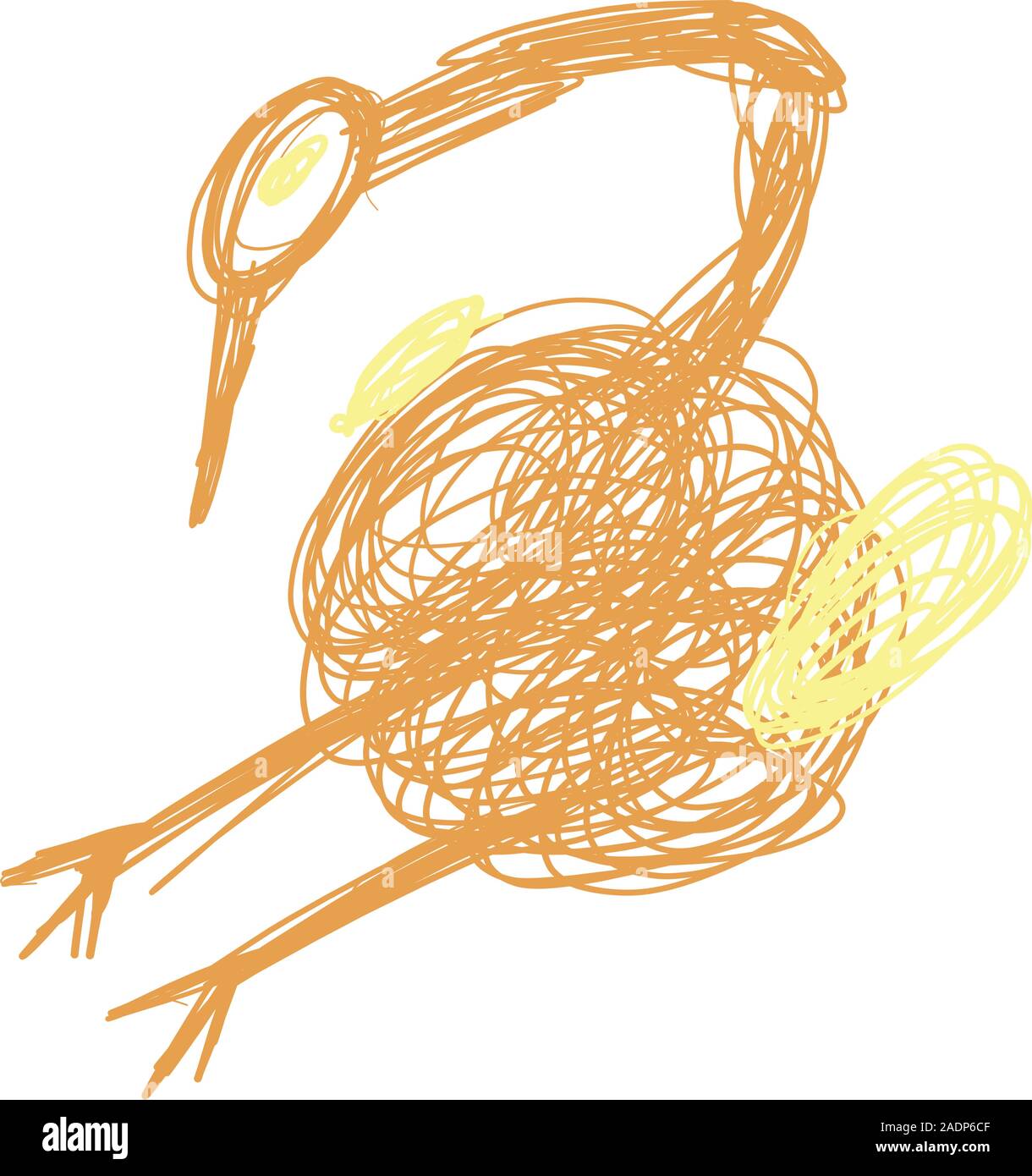Crazy funny bird sitting sad in yellow and orange colours in doodles ...