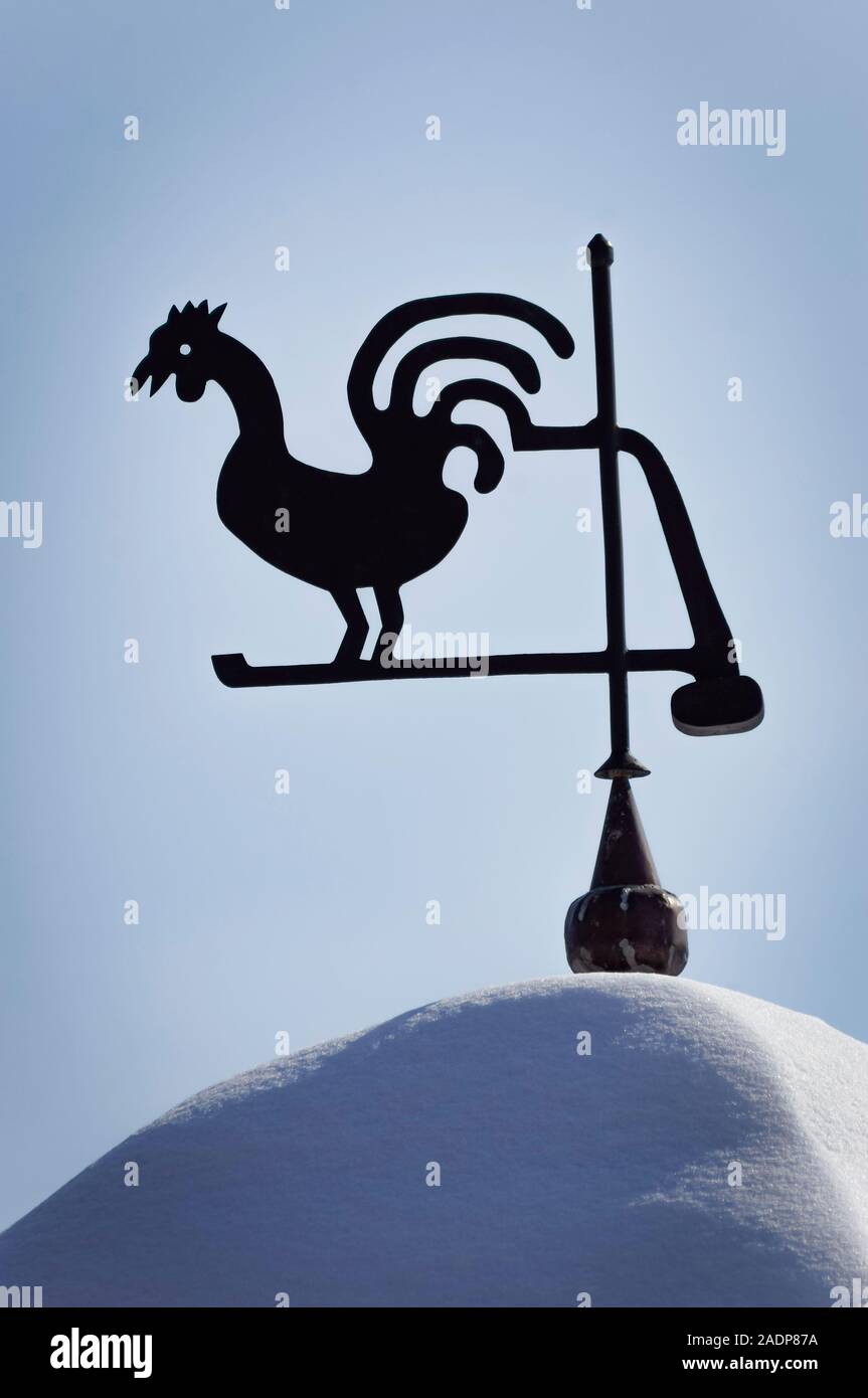 Decorative black metal rooster weathervane in open air museum in Sanok ...