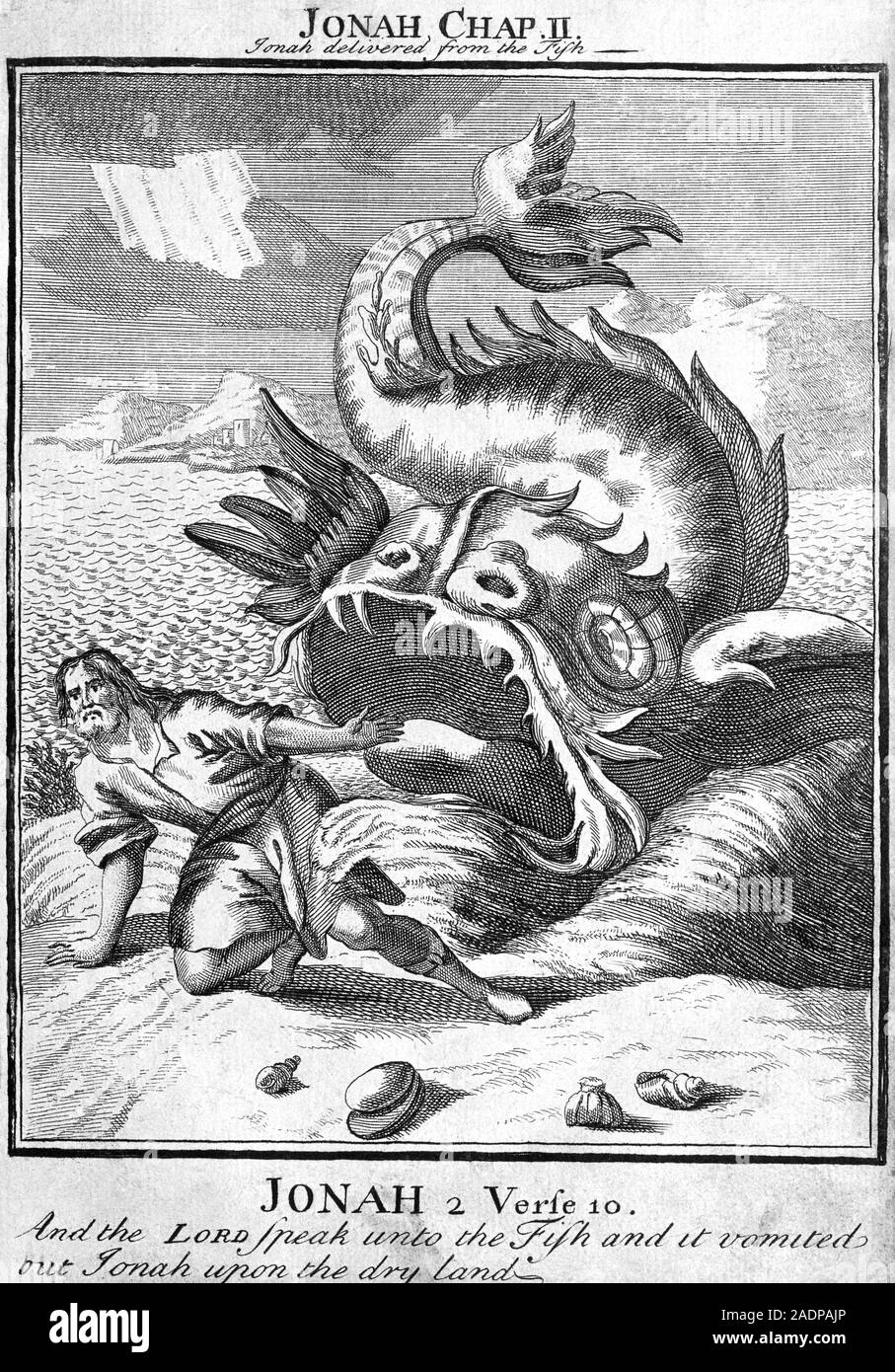 Jonah and the whale. Engraving of the Biblical prophet Jonah being ...