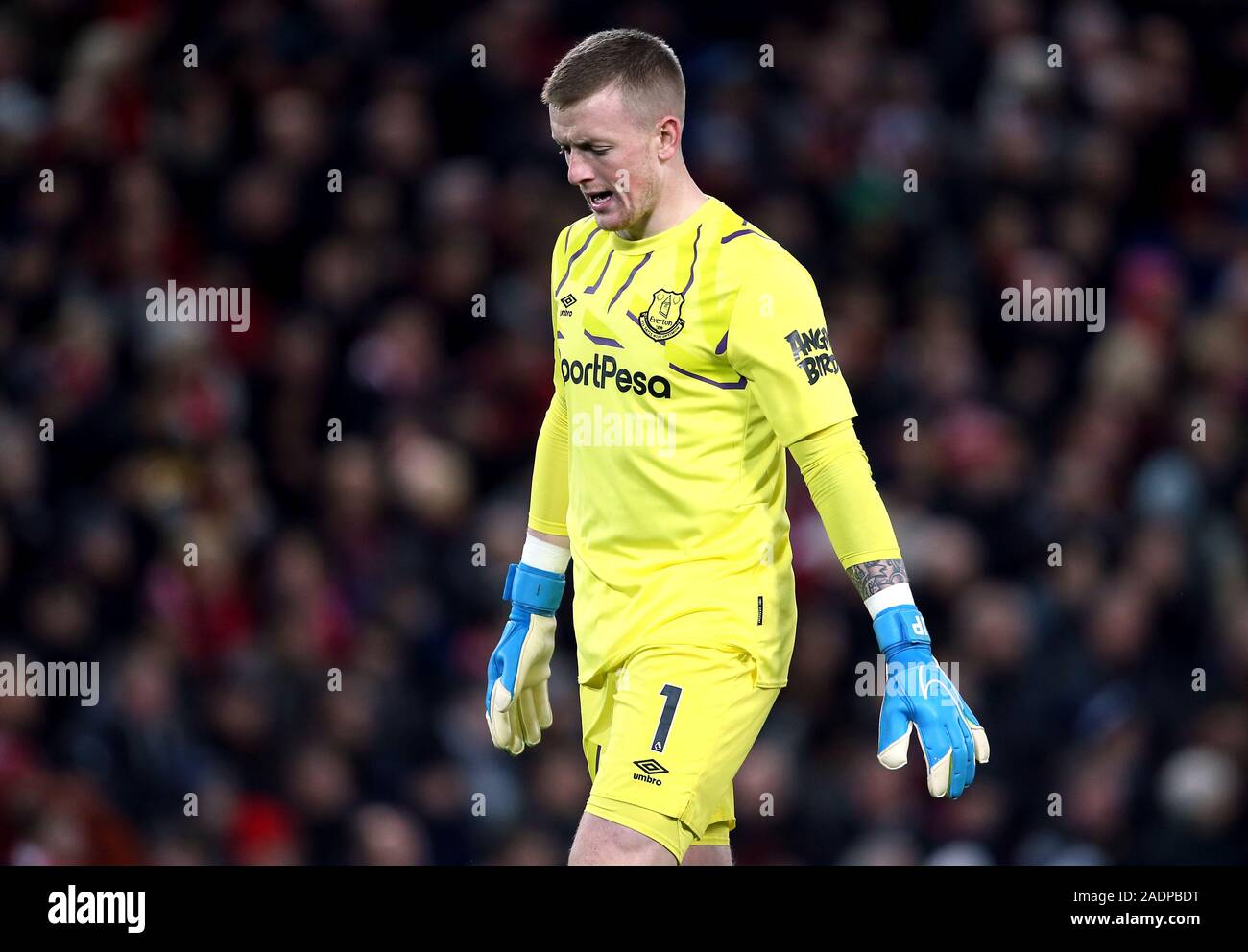Everton goalkeeper Jordan Pickford appears frustrated during the ...