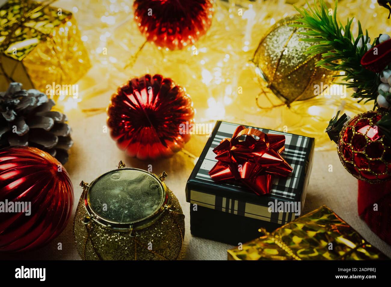Christmas Festive Decoration Set and a Gift Box Stock Photo - Alamy
