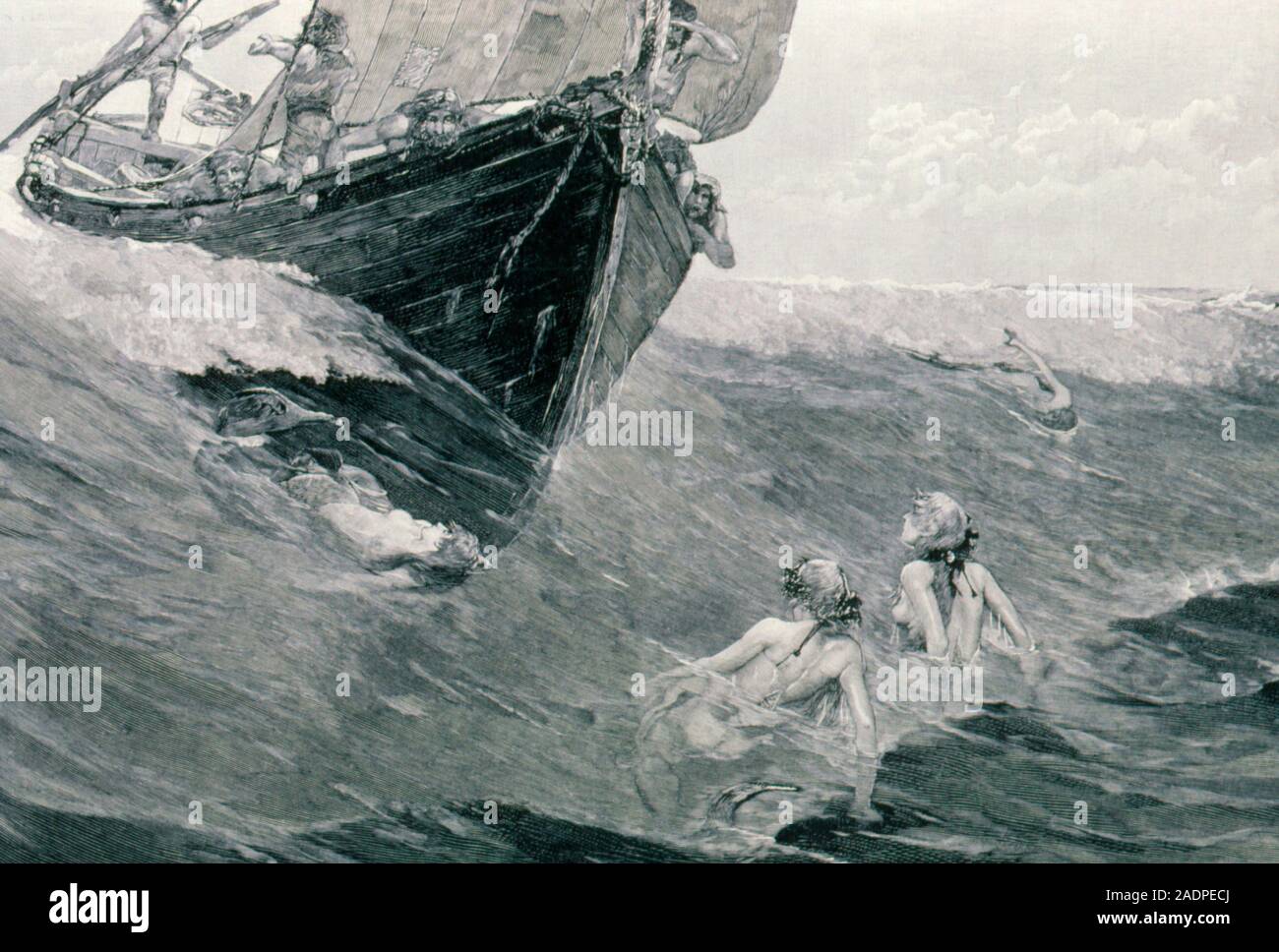 Nineteenth century engraving of a Baroque vision of mermaids (drawn by ...