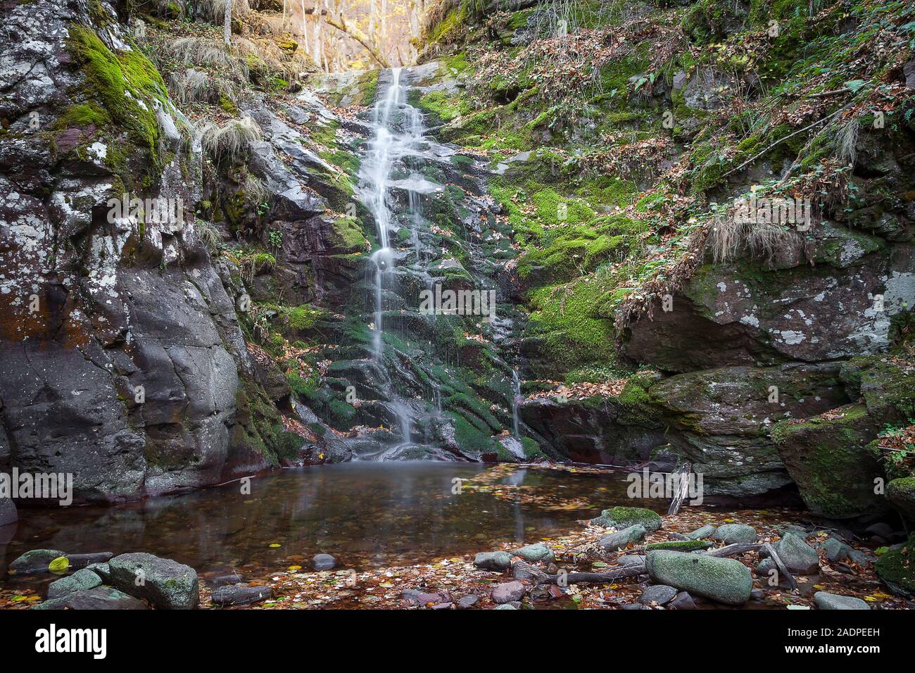 Beautiful, dreamy forest waterfall cascading down the vertical cliff ...