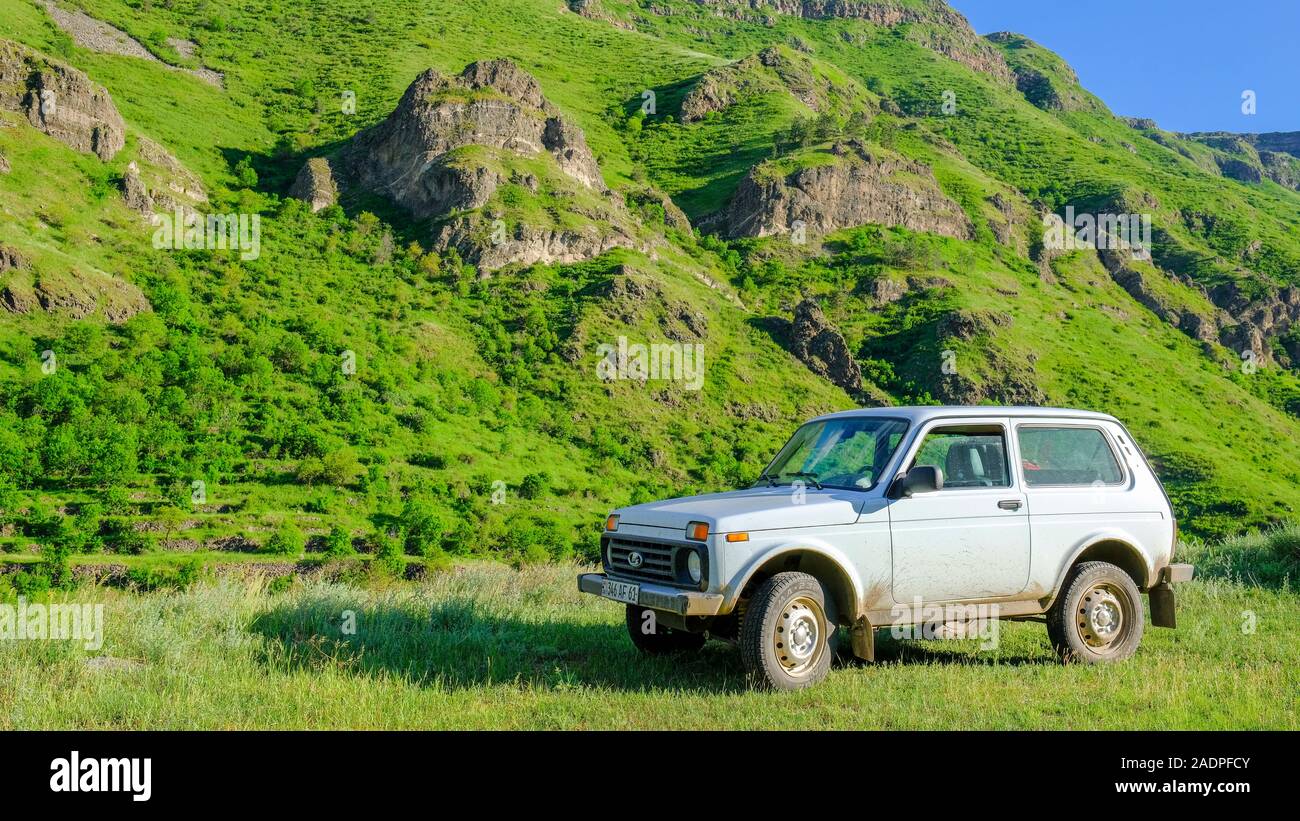 Lada Niva in the Paravani river gorge, Samtskhe-Javakheti region ...
