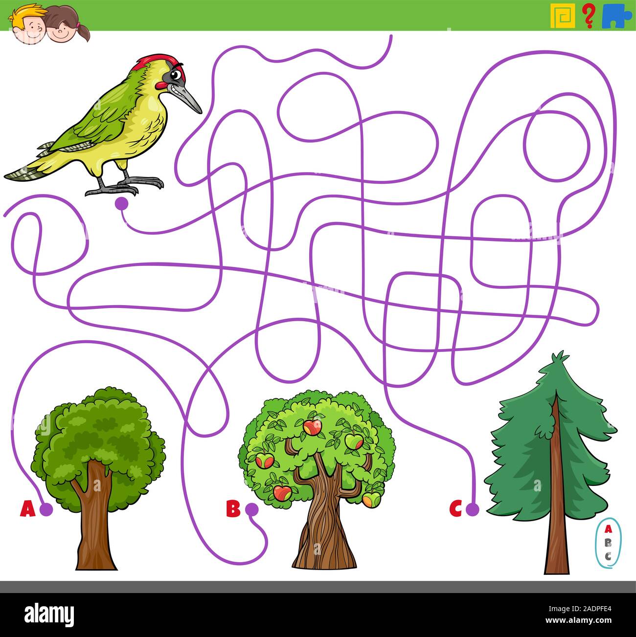 Cartoon Illustration of Lines Maze Puzzle Activity Game with Woodpecker ...
