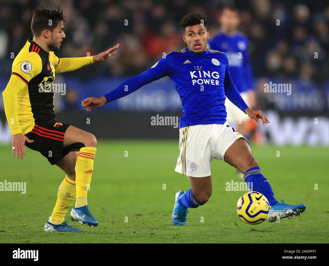Leicester City's James Justin (right) in action during the Premier ...