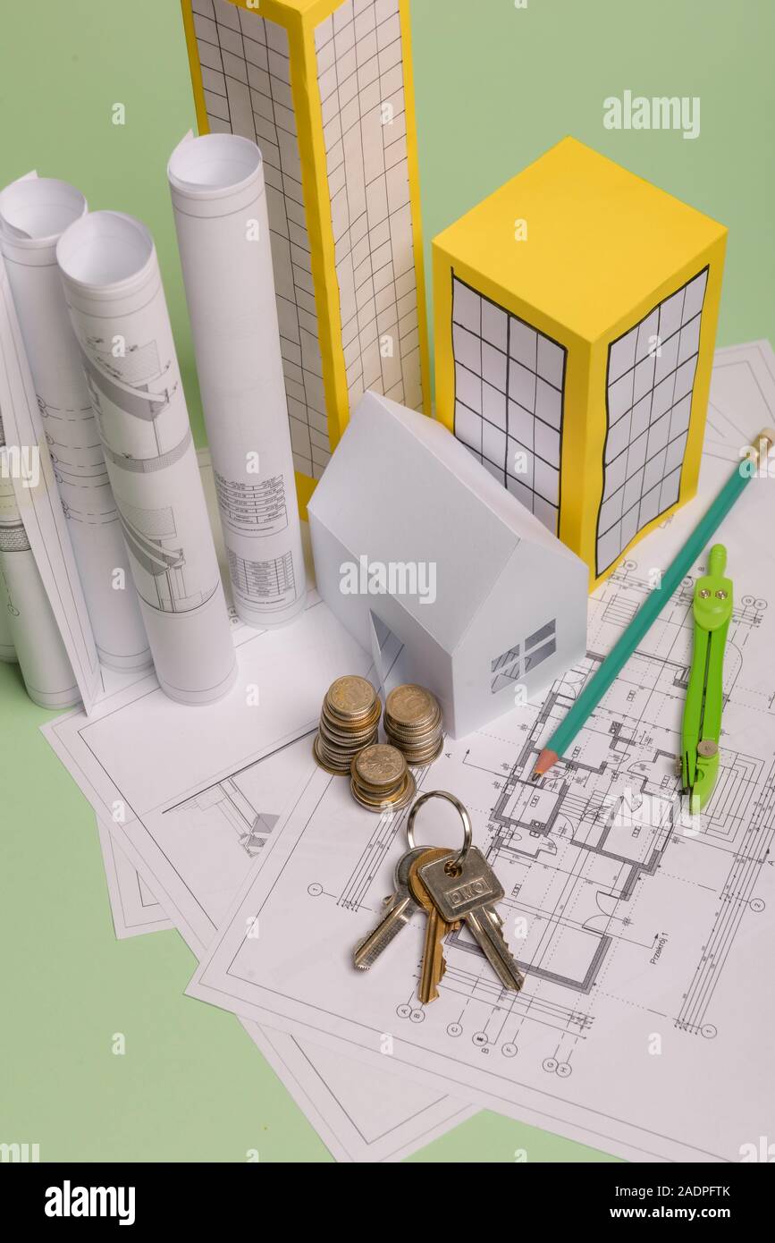 Paper skyscrapers , euro money, house projects plan and blueprints on ...