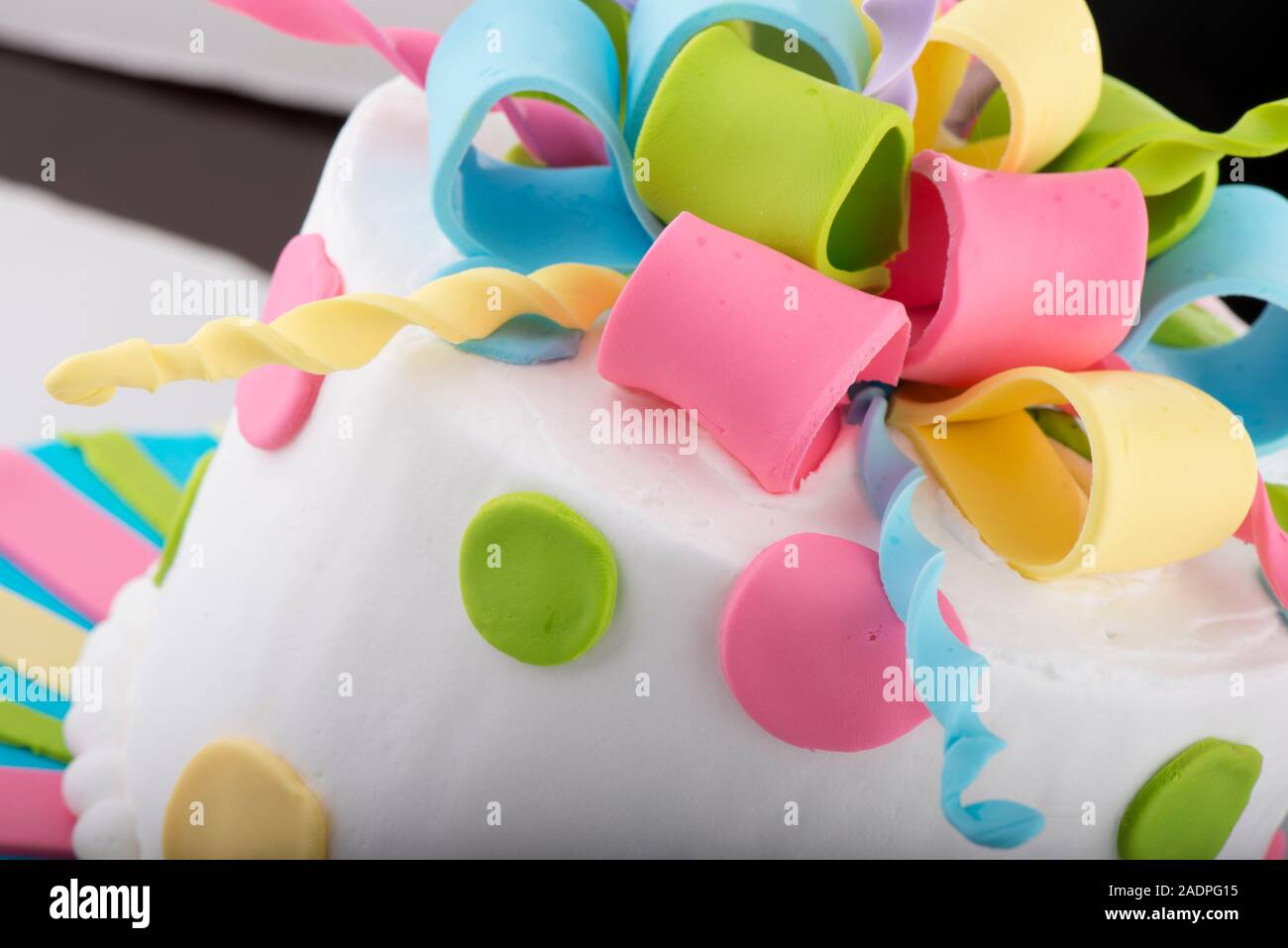 Colorfully Decorated White Birthday Cake Closeup with Fondant Icing ...