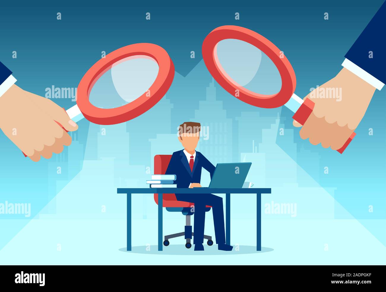 Vector of two managers with magnifying glass watching over at employee ...