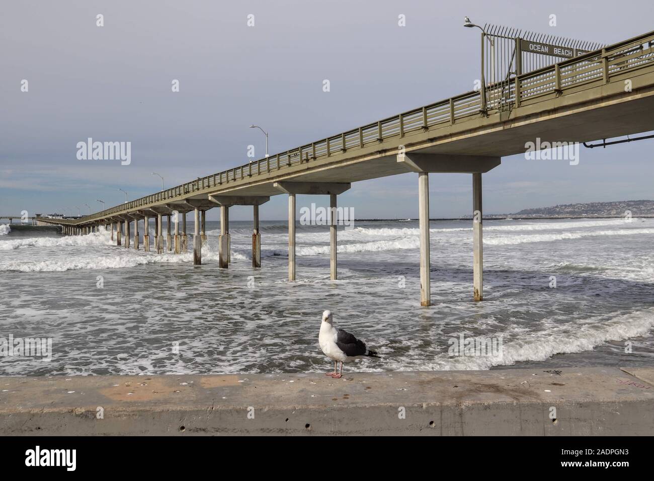 High Tide at Ocean Beach Pier Stock Photo - Alamy