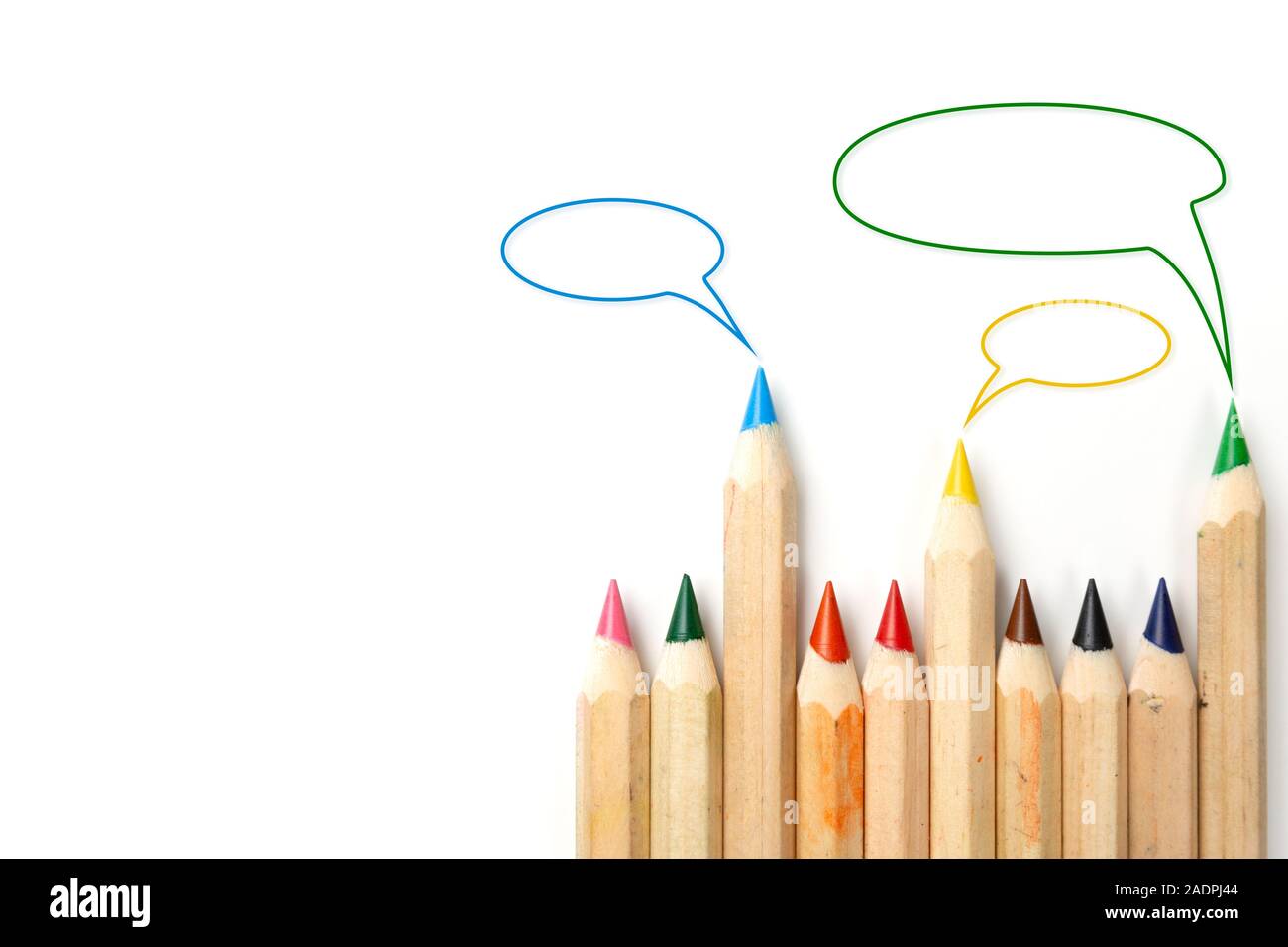 Colored pencils with three speech bubbles above. White background, copy ...