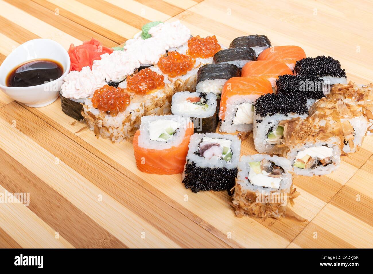 Set of rolls with salmon, red caviar, and flying fish. With krill Stock ...