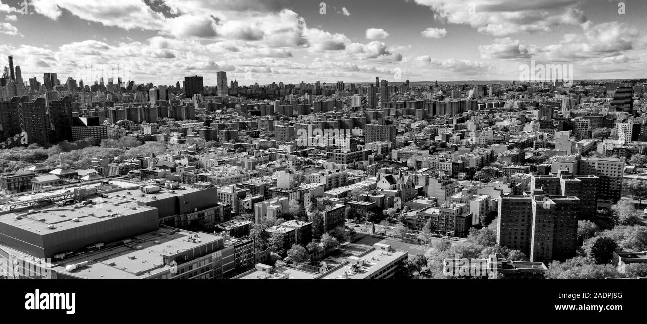 Aerial view over the far north on Manhattan Island in and around Harlem ...
