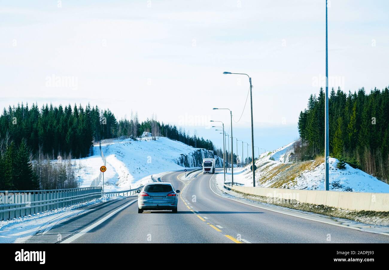 Landscape and car on road at snowy winter Lapland reflex Stock Photo ...