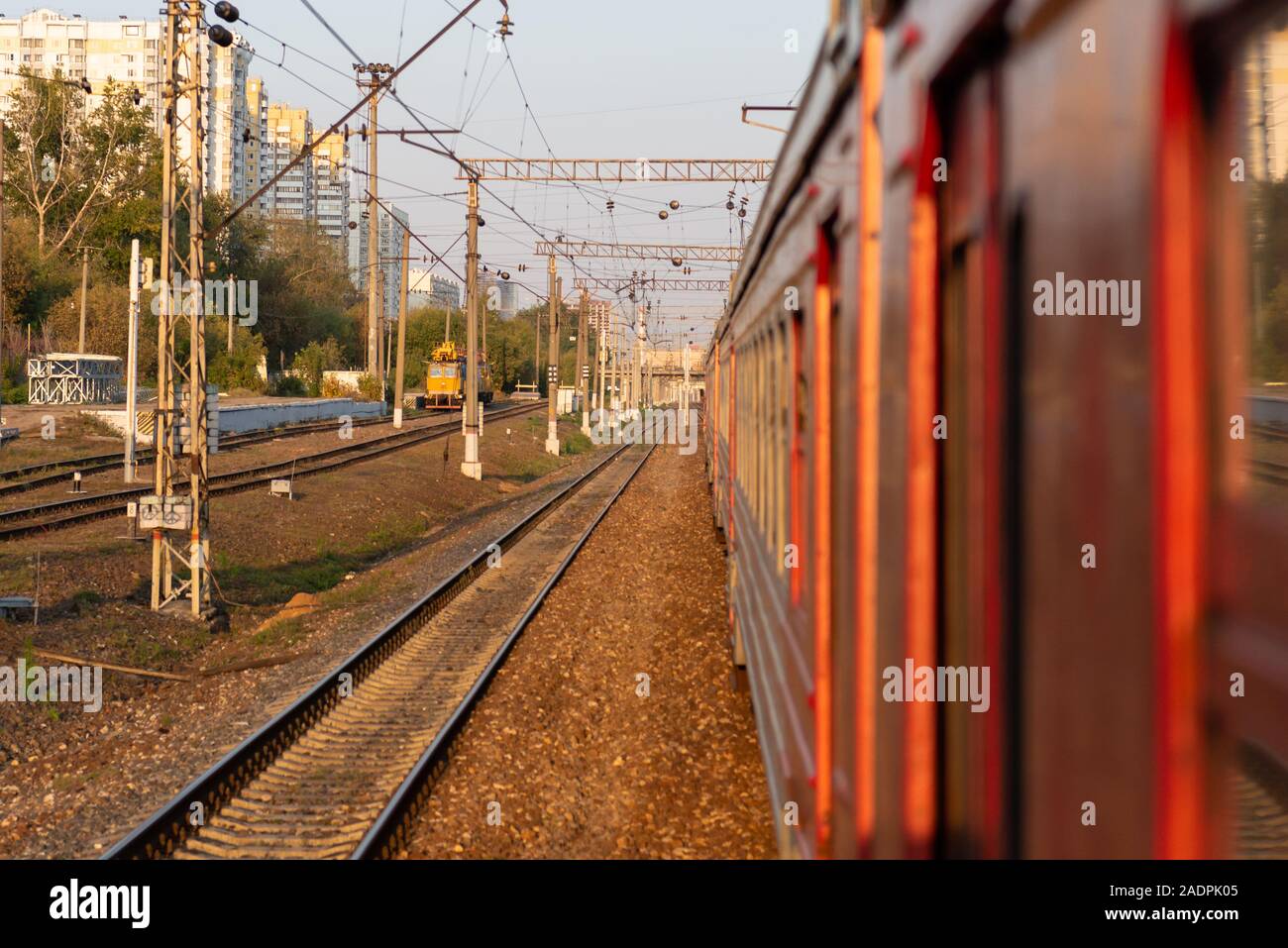 Electric train. Far railway track. Rails going into the distance Stock ...