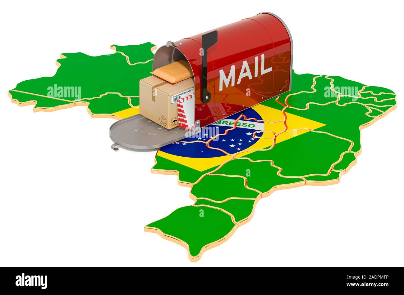 Mailbox on the Brazilian map. Shipping in Brazil, concept. 3D rendering ...