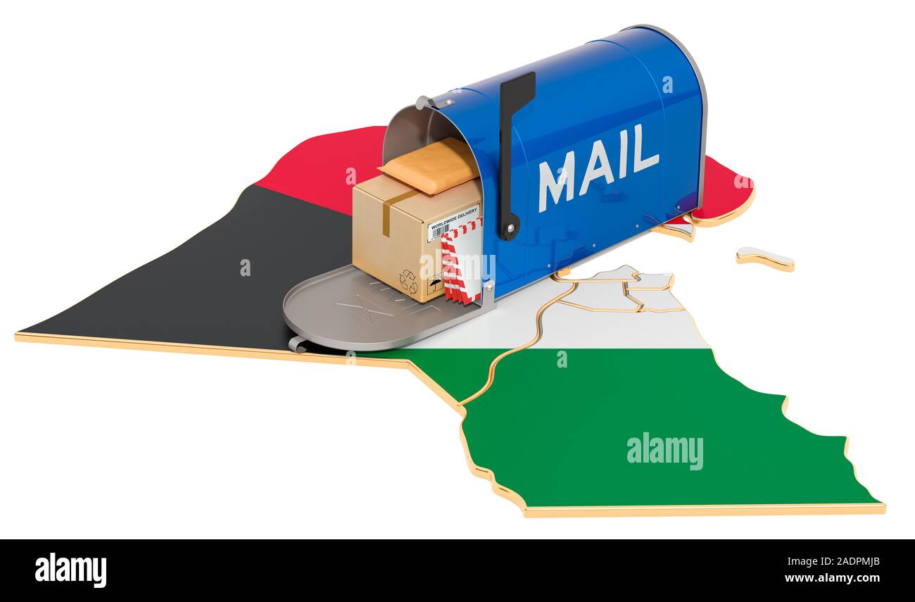 Mailbox on the Kuwaits map. Shipping in Kuwait, concept. 3D rendering ...