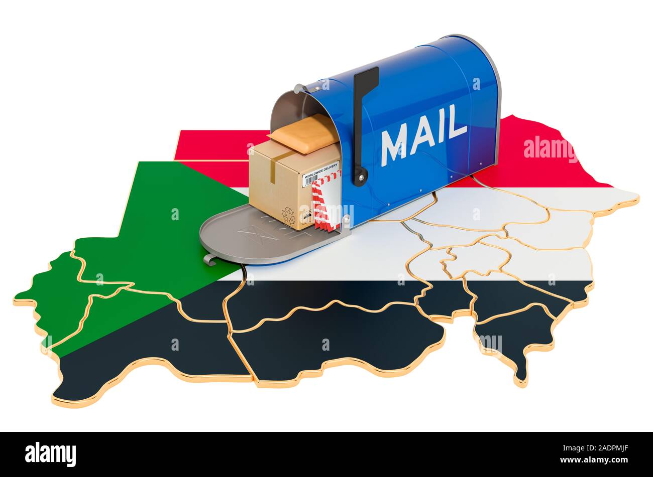 Mailbox on the Sudanese map. Shipping in Sudan, concept. 3D rendering ...