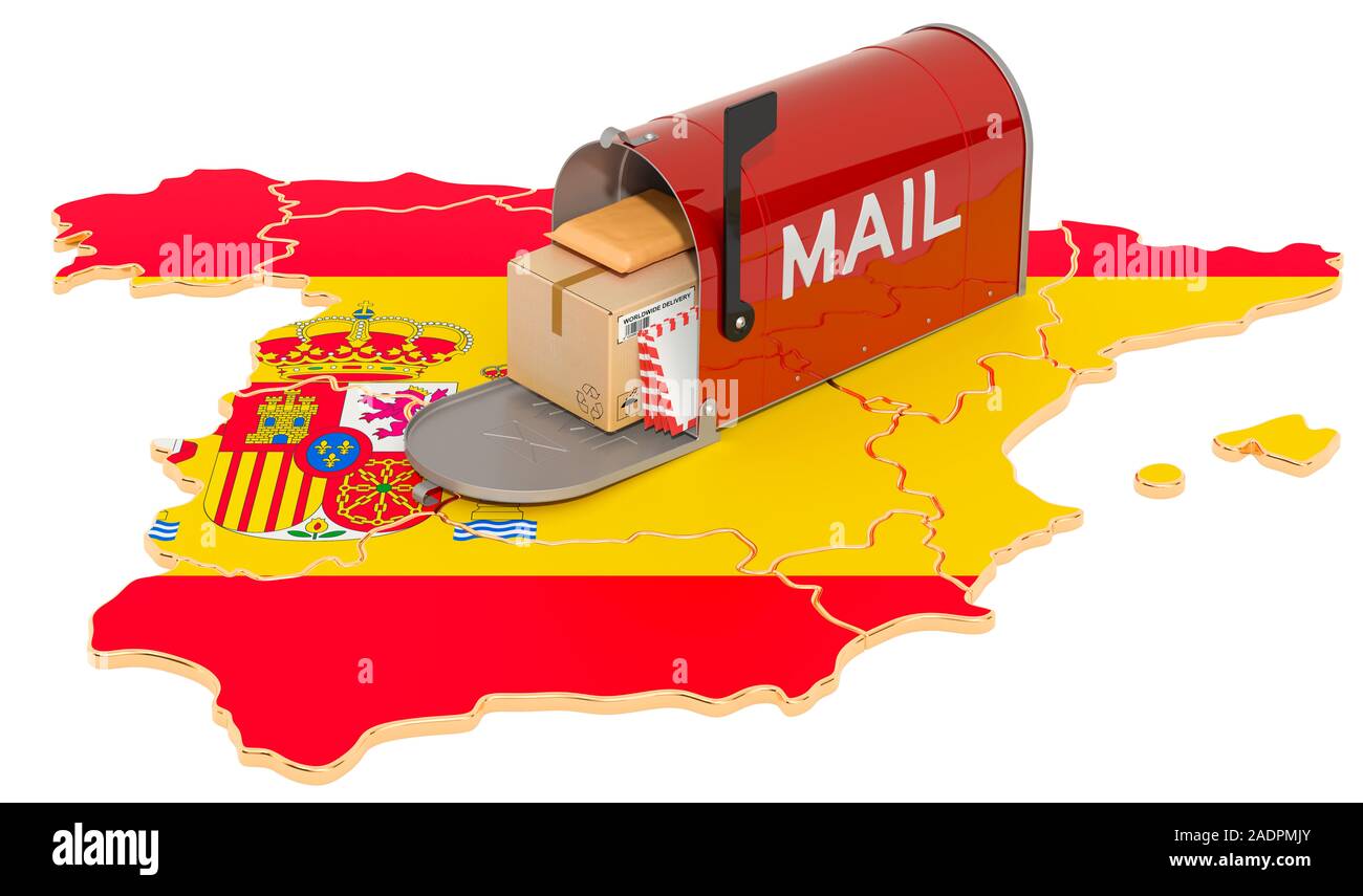 Mailbox on the Spanish map. Shipping in Spain, concept. 3D rendering ...