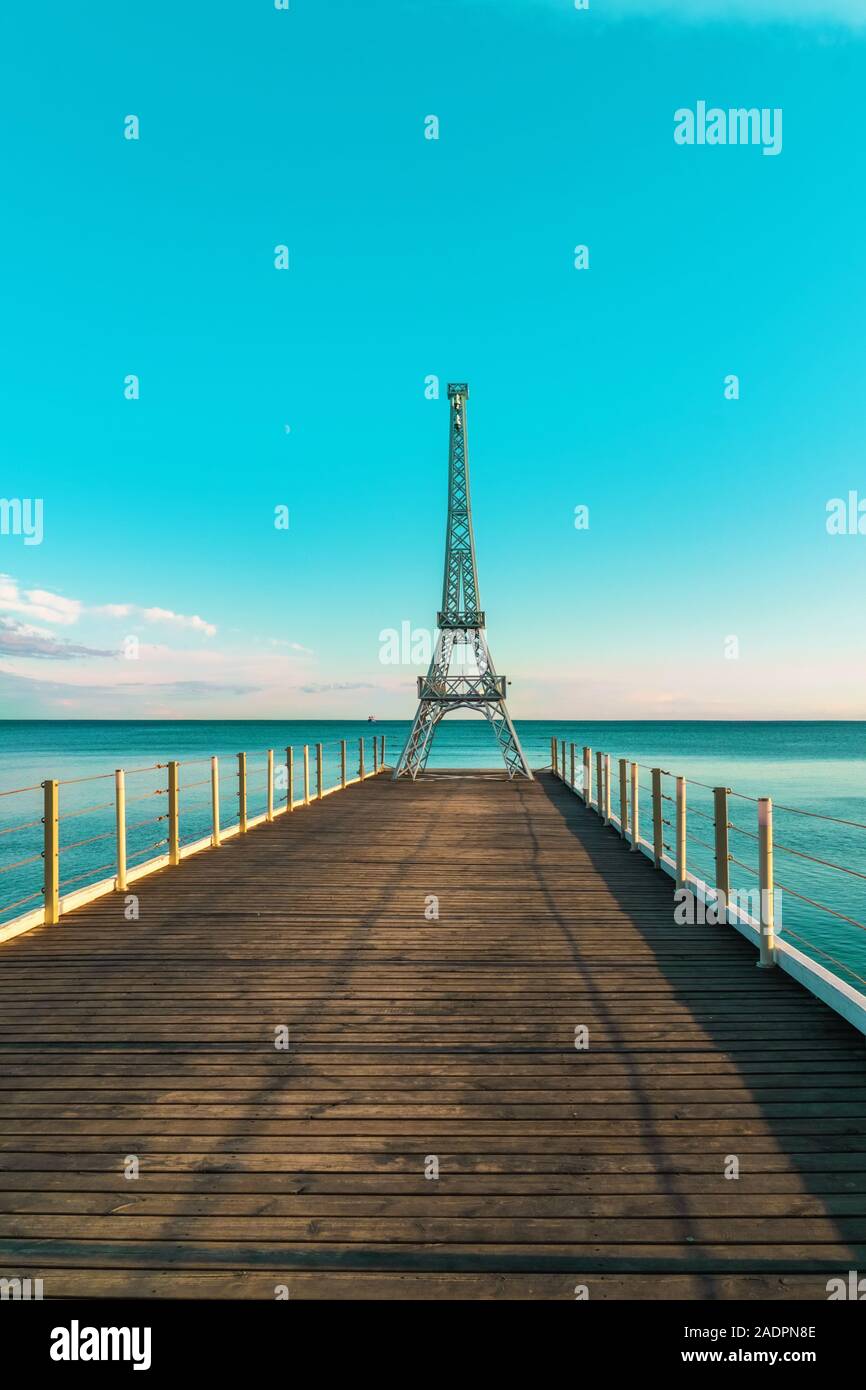 View of the coastline. Massandra beach, Yalta, Crimea. Metal frames ...