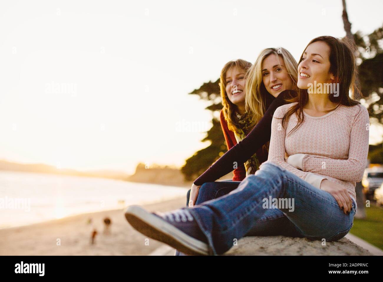 Three friends sitting together at the beach Stock Photo - Alamy