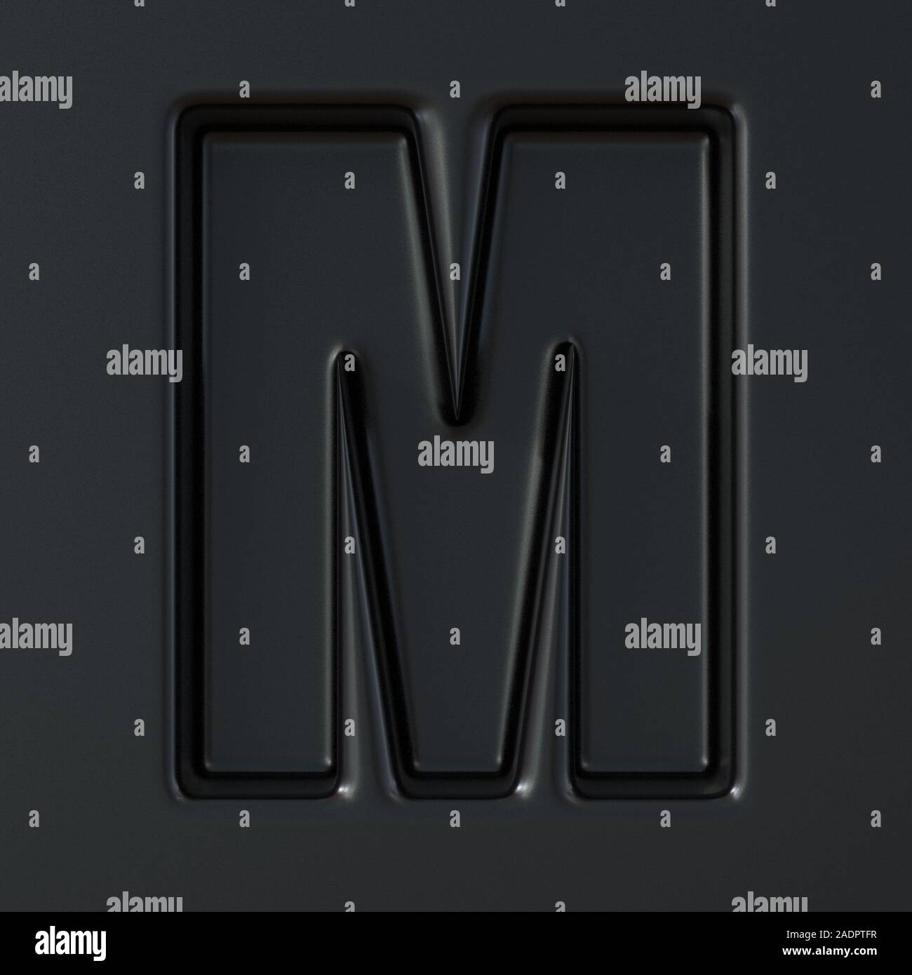 Black engraved font Letter M 3D render illustration on black background ...