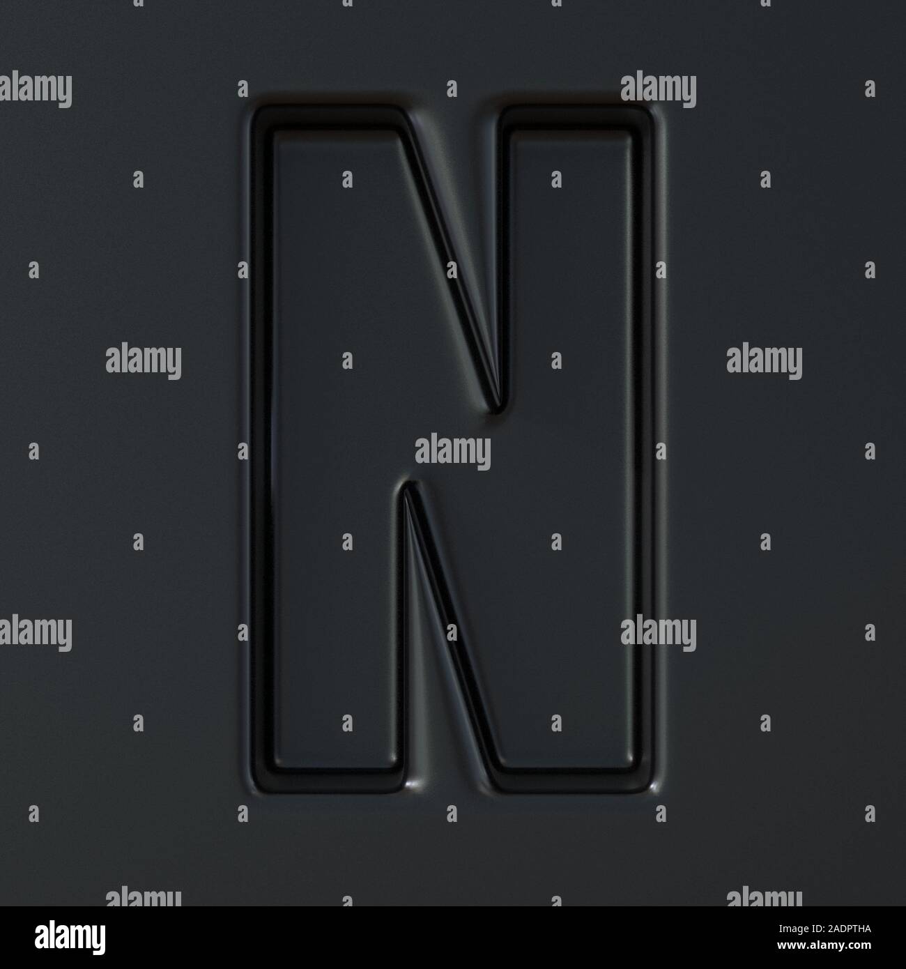 Black engraved font Letter N 3D render illustration on black background ...