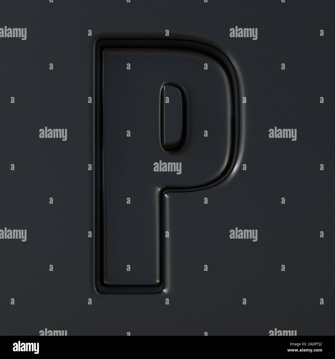 Black engraved font Letter P 3D render illustration on black background ...