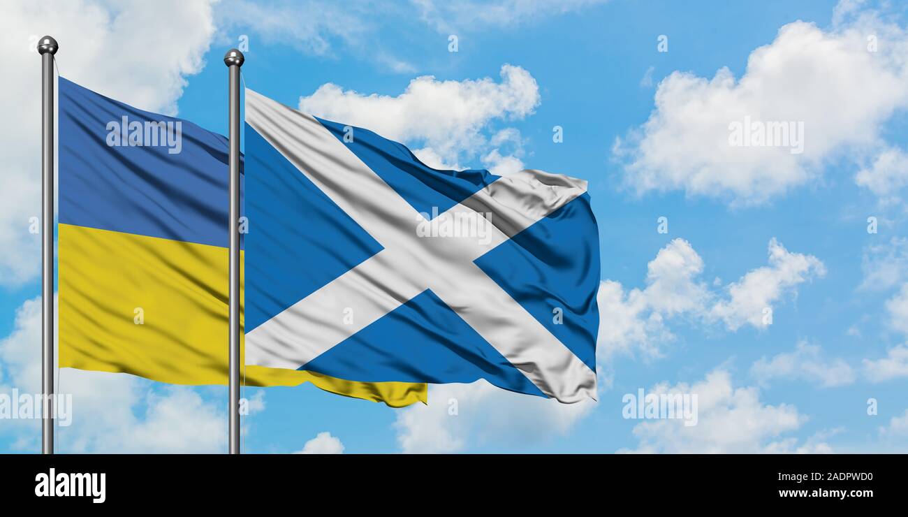 Ukraine and Scotland flag waving in the wind against white cloudy blue ...