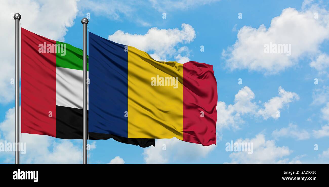 United Arab Emirates and Chad flag waving in the wind against white ...