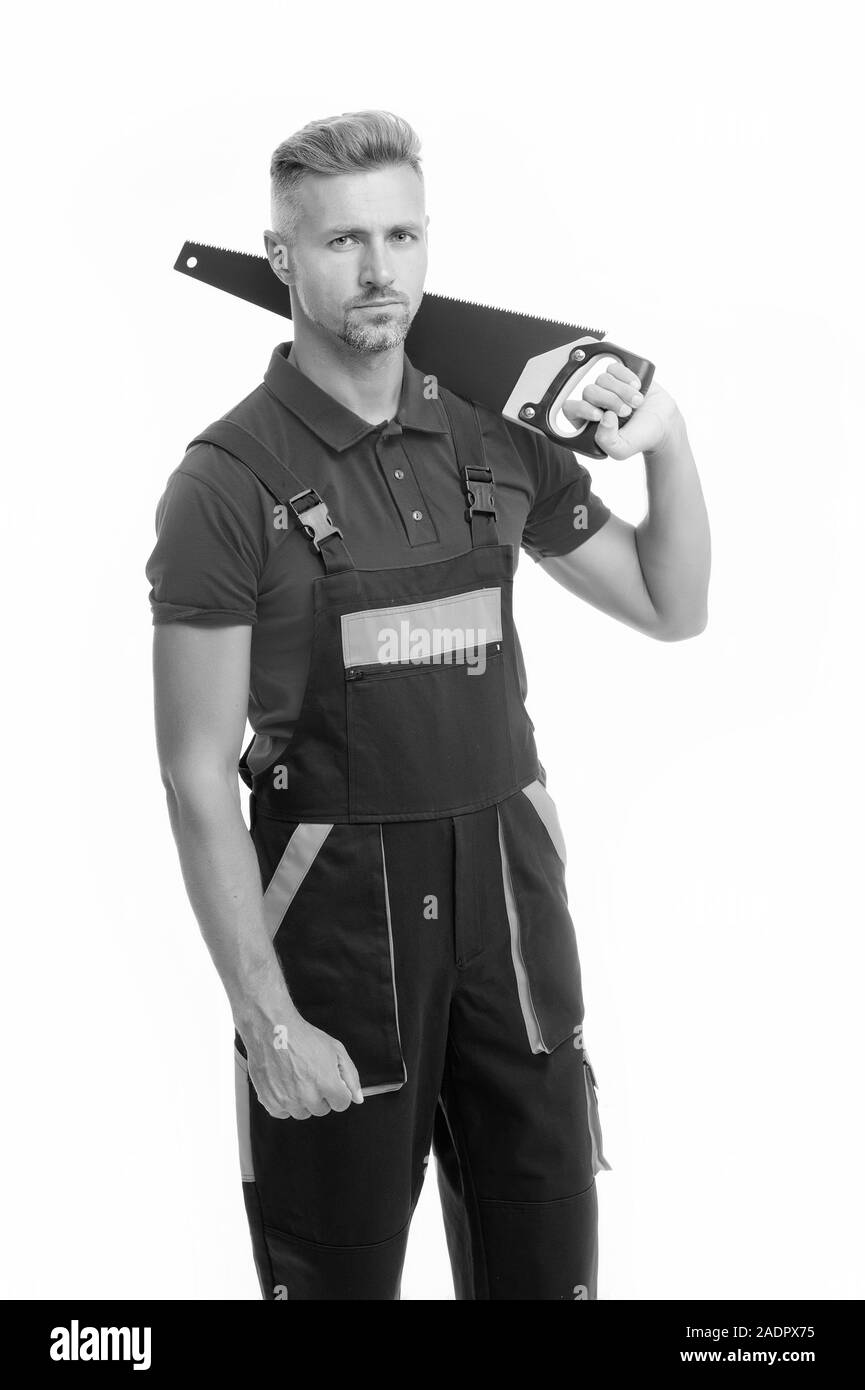 Sharp and dangerous. Builder worker carpenter handyman hold saw white ...