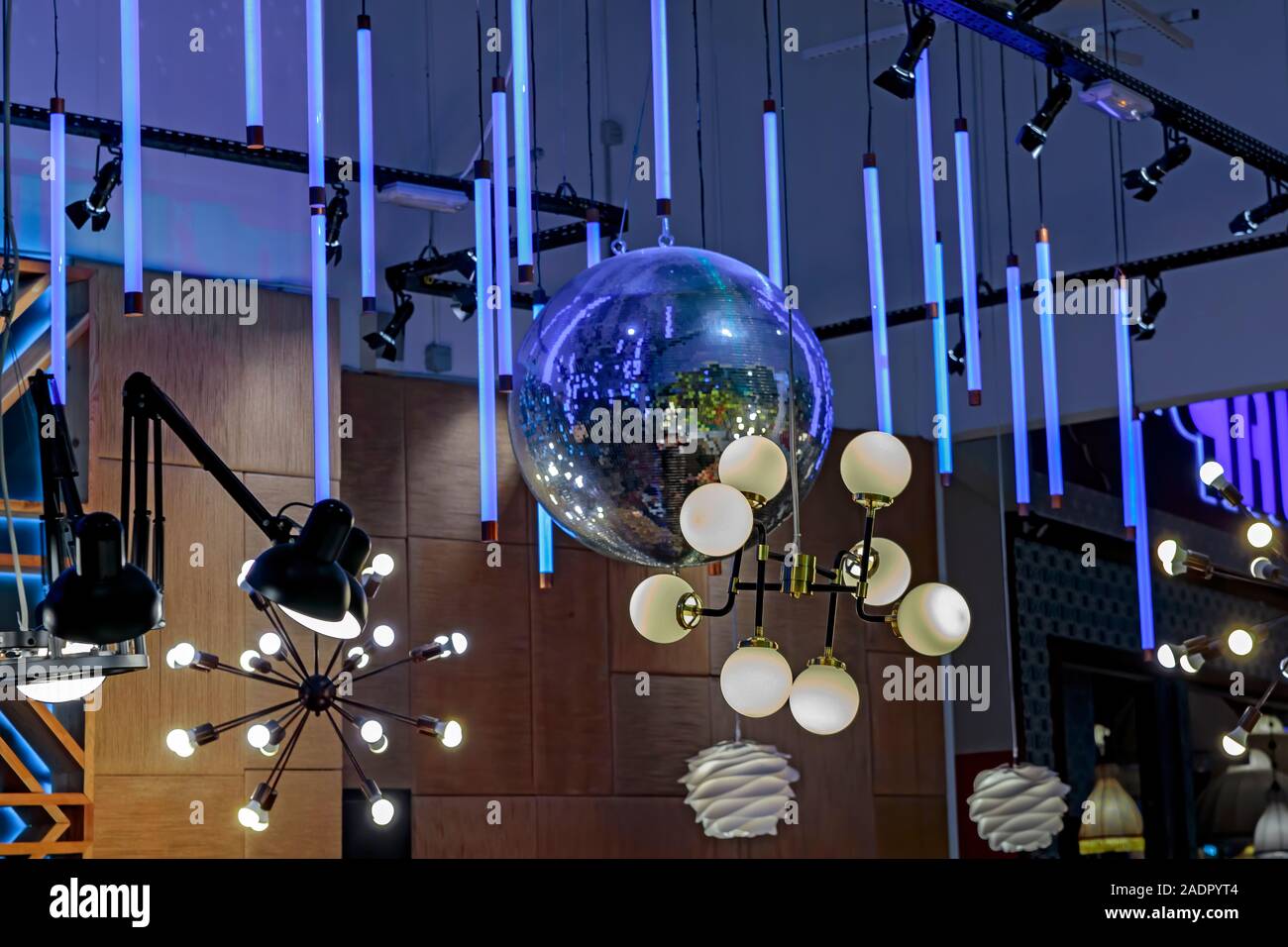 Different types of lamps. Blue, white and yellow light. Variety of ...