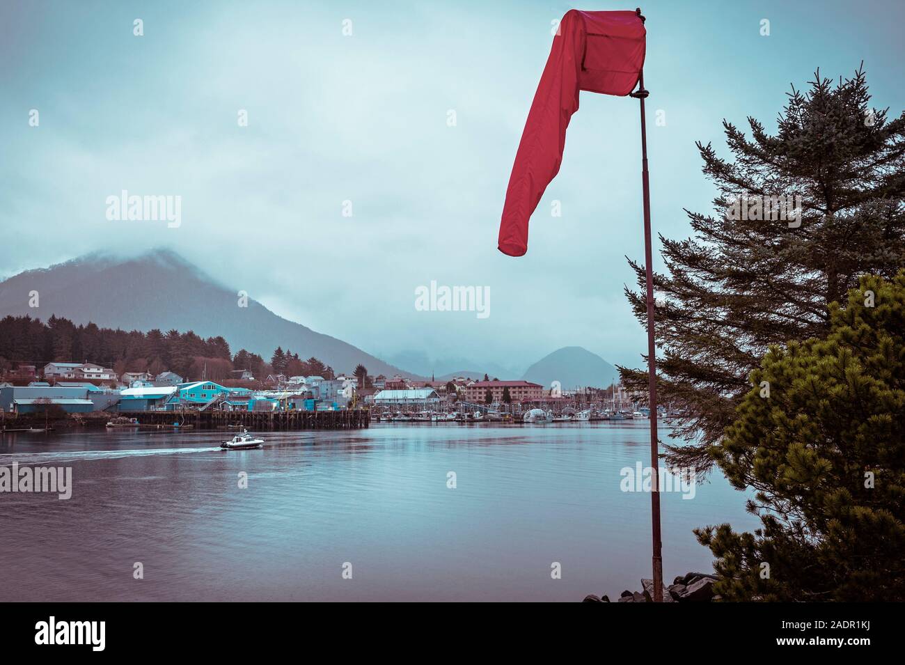 Sitka channel, windsock at seaplane base and downtown Sitka as seen ...