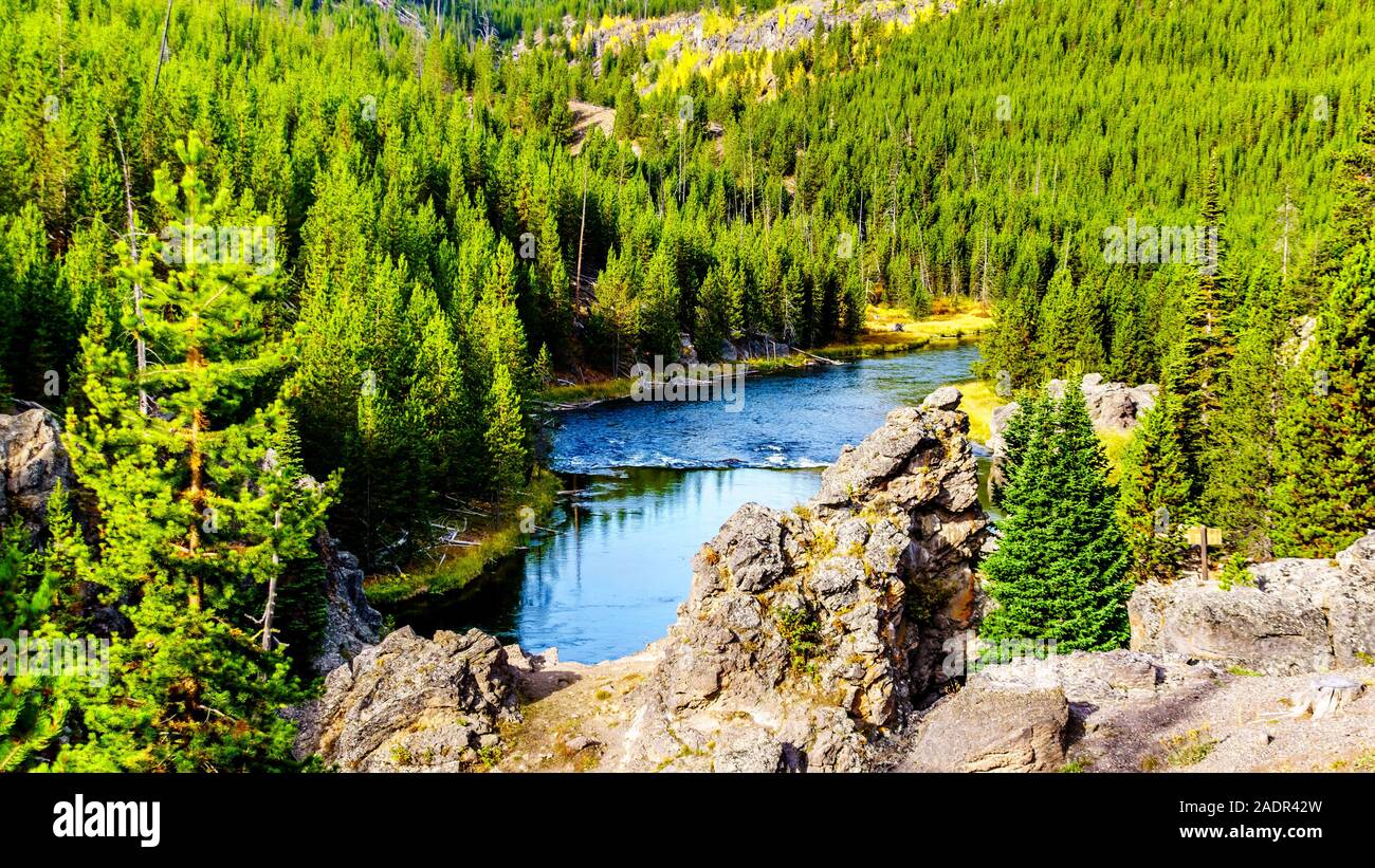 Aerial view of the Swimming Area in the Firehole River in Yellowstone ...