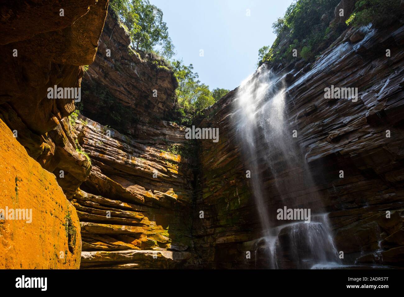 Beautiful landscape of big natural waterfall on rocky canyon in Chapada ...