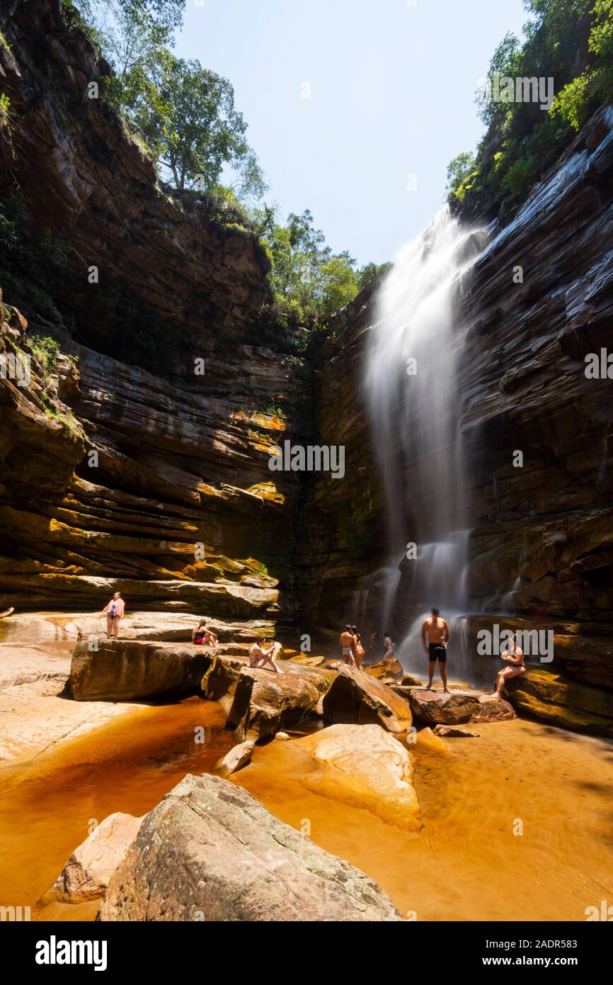 Beautiful landscape of big natural waterfall on rocky canyon in Chapada ...